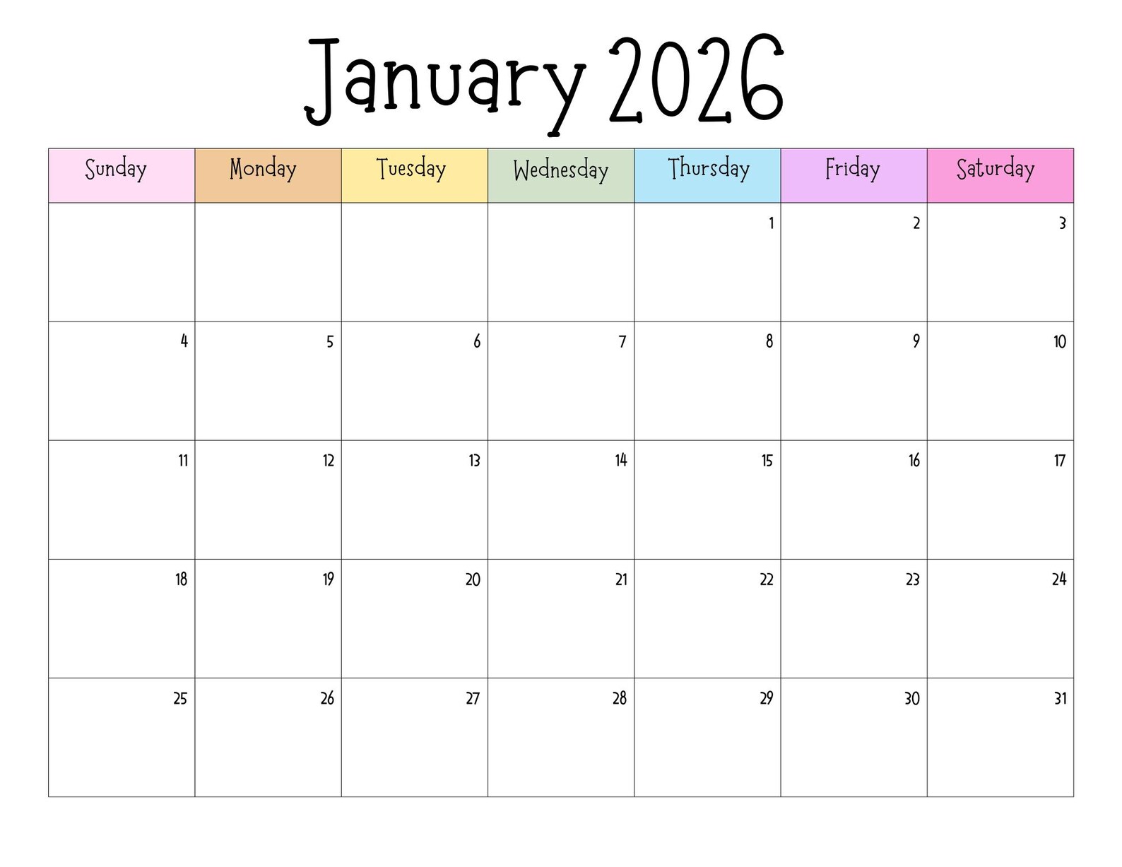 Editable January 2026 Calendar PDF Template, Winter 2026 Digital ...