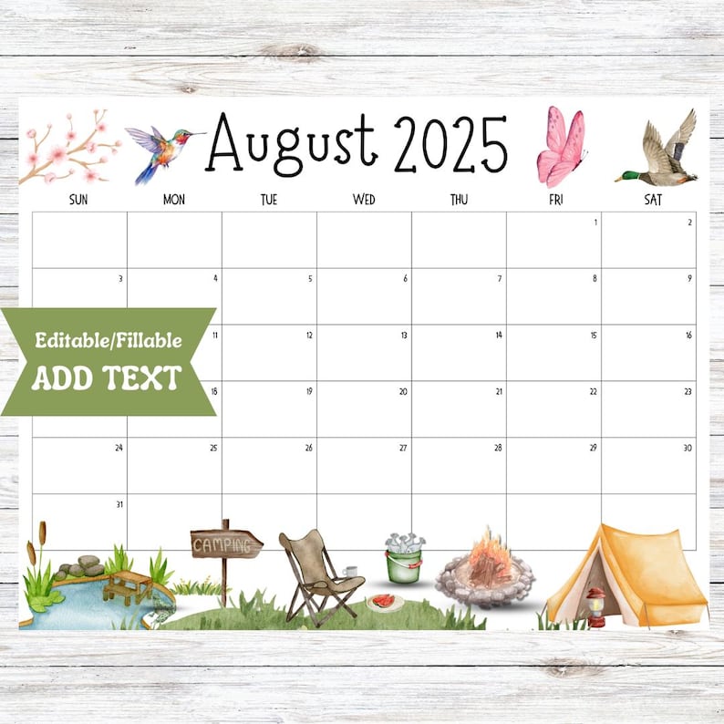 Editable August 2025 Calendar, Printable Fillable Digital Download ...