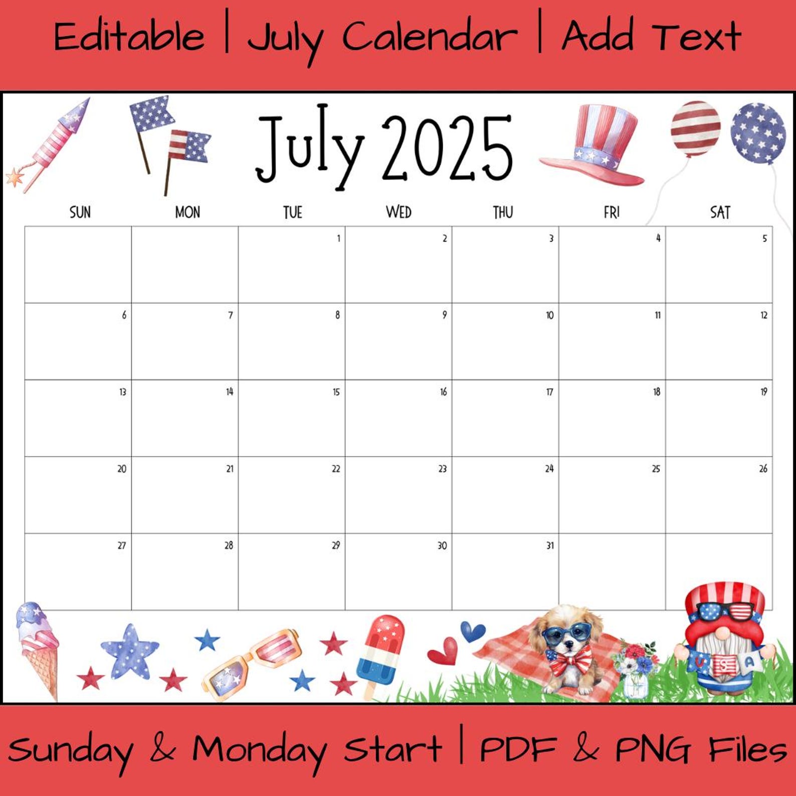 Editable July 2025 Calendar, Fillable Printable Planner Digital ...