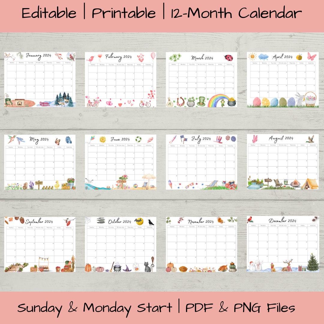 Editable Year Long 2024 Calendar Printable Whole Year 12 Month Calendar ...