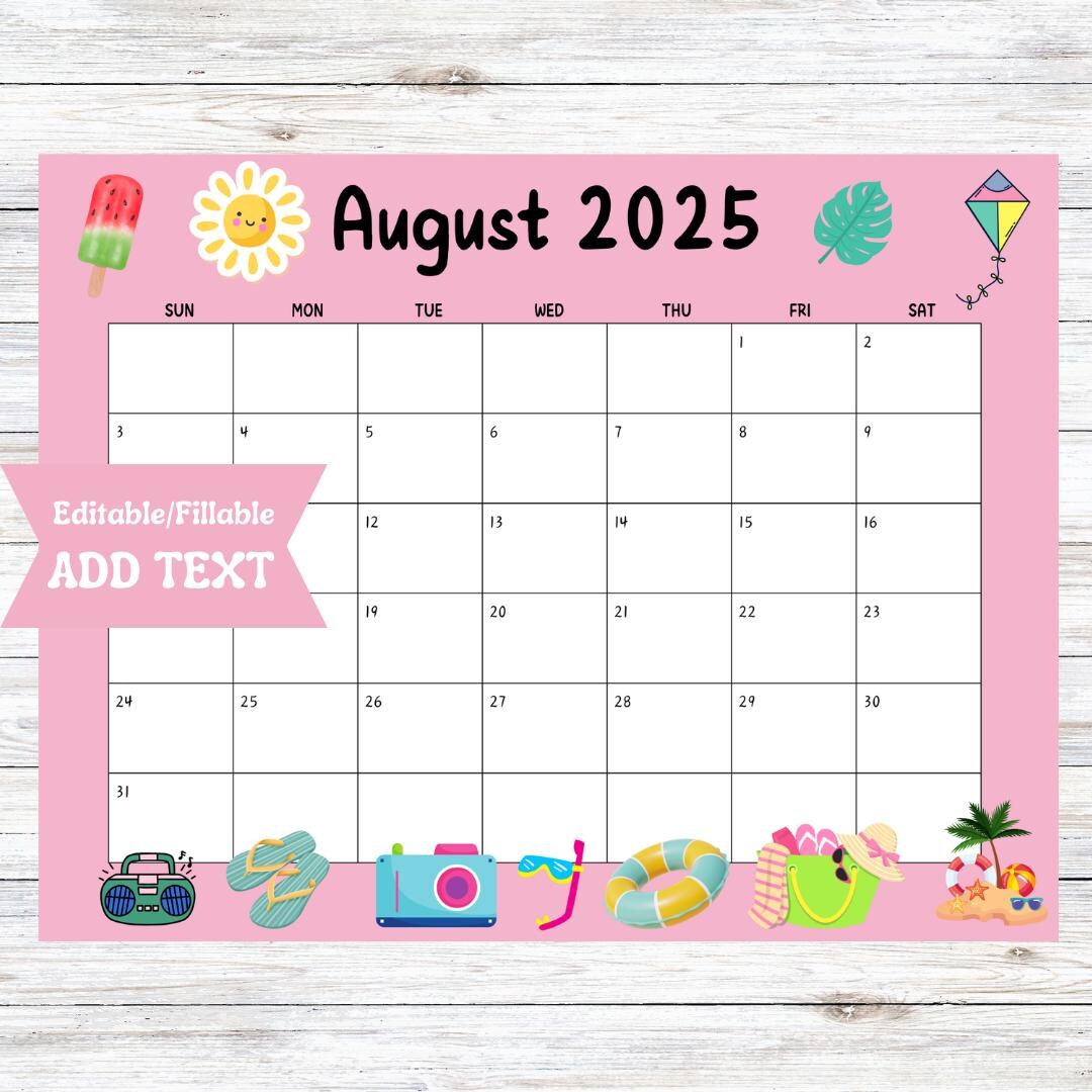 Editable August 2025 Calendar, Printable Fillable Digital Download ...