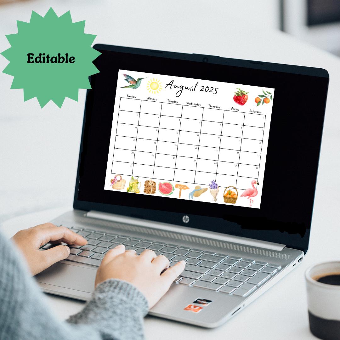 Editable August 2025 Calendar, Printable Fillable Digital Download ...