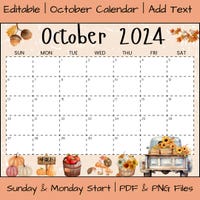 Editable October 2024 Calendar, Fall Autumn 2024 Digital Download ...