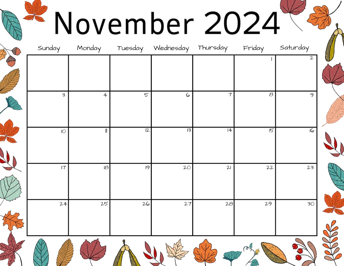 Editable November 2024 Calendar, Fall Leaves Calendar, Editable ...