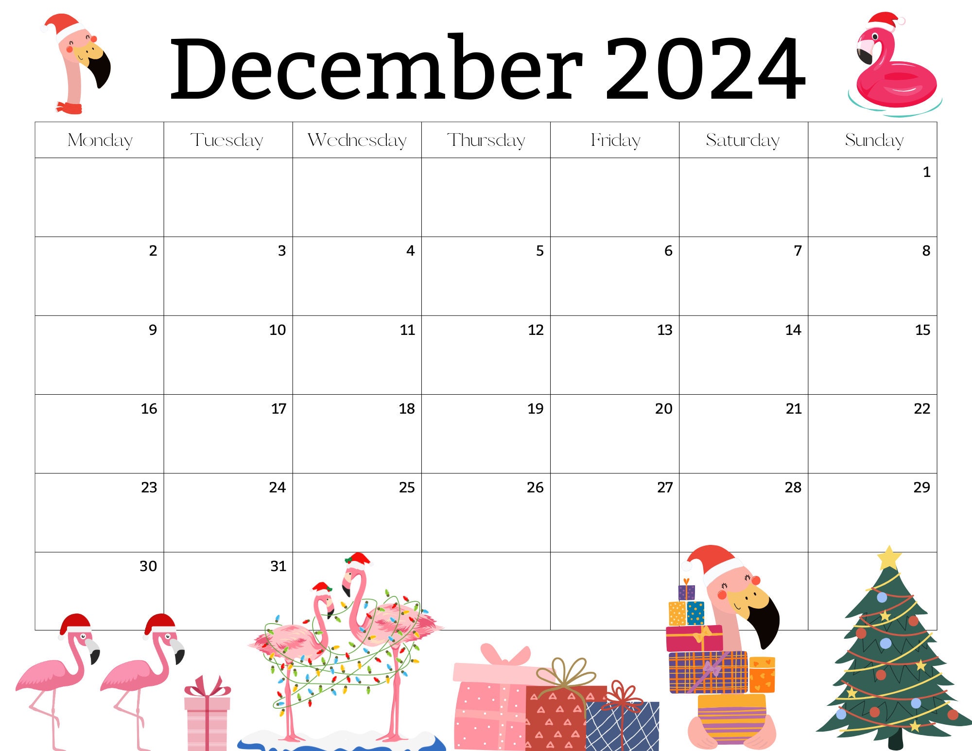 Editable December 2024 Calendar, Activity Planner, Christmas Flamingos ...