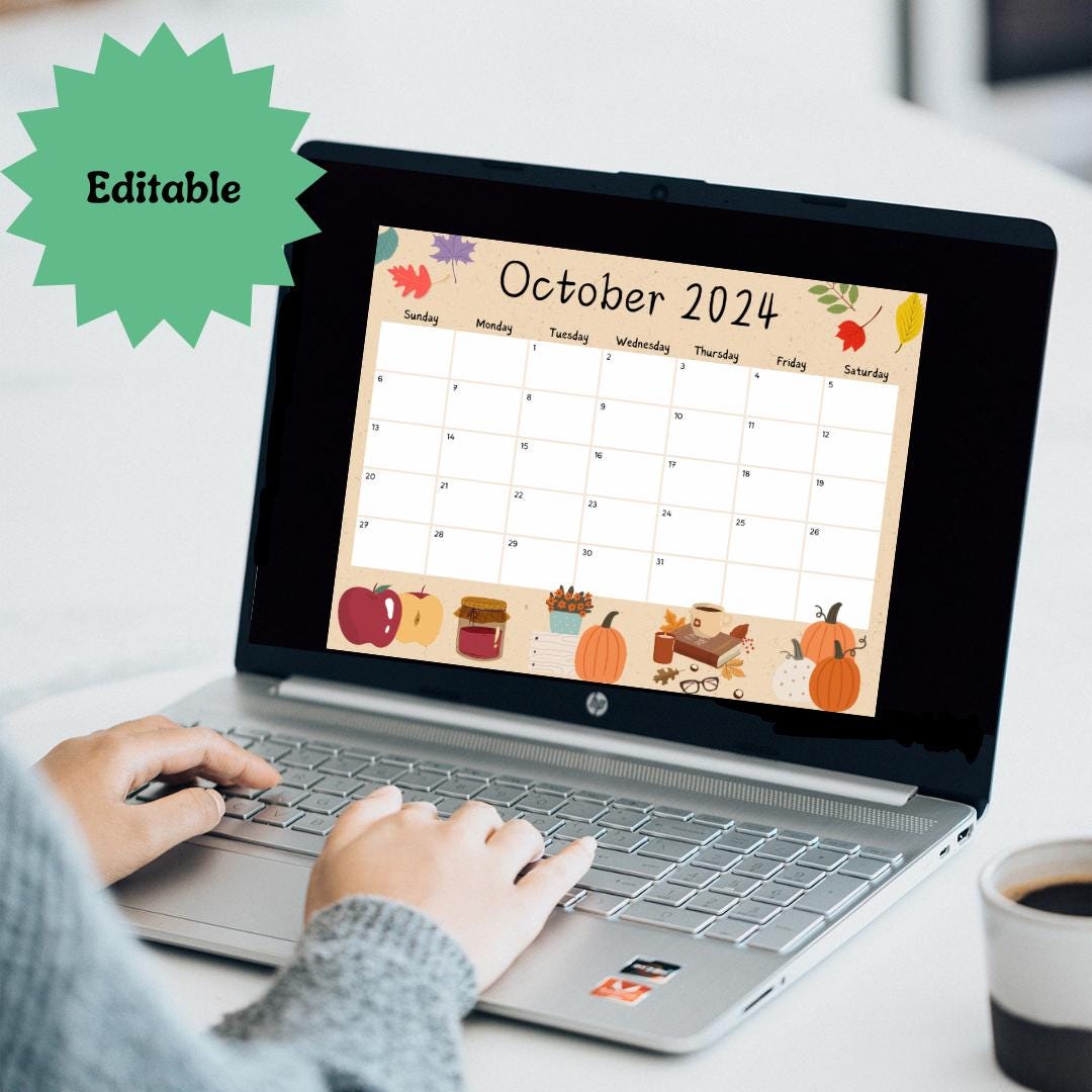 Editable October 2024 Calendar, Fall Autumn 2024 Digital Download ...
