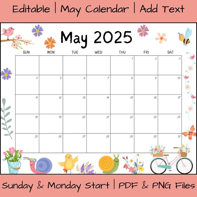 Editable May 2025 Calendar Printable Activity Planner, Cute Spring ...