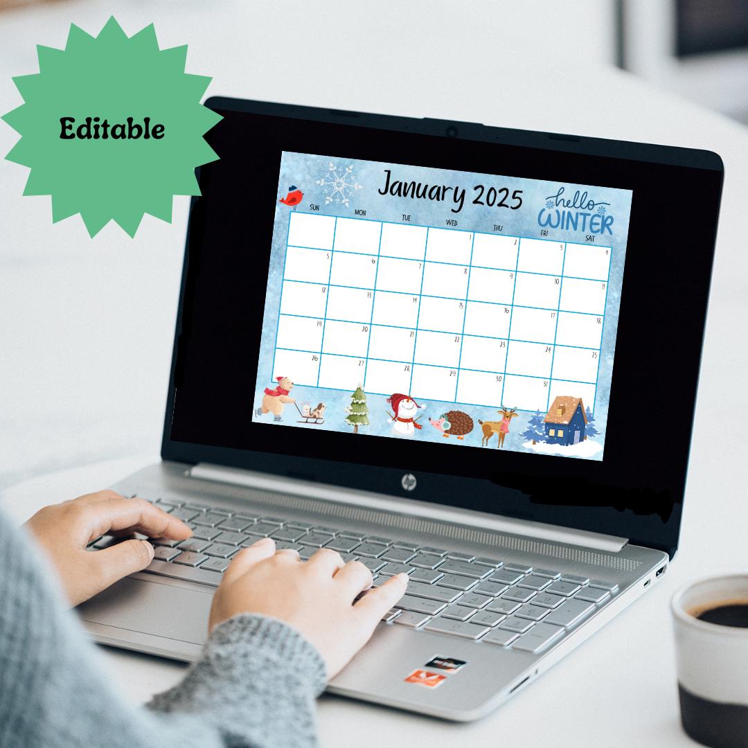 Editable January 2025 Calendar PDF Template, Winter 2025 Digital ...