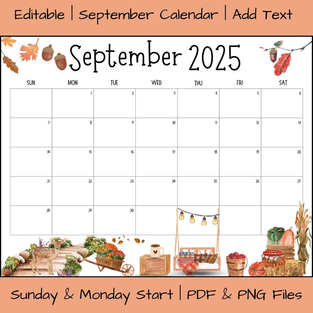 Editable September 2025 Calendar, Fillable Printable Digital Download ...