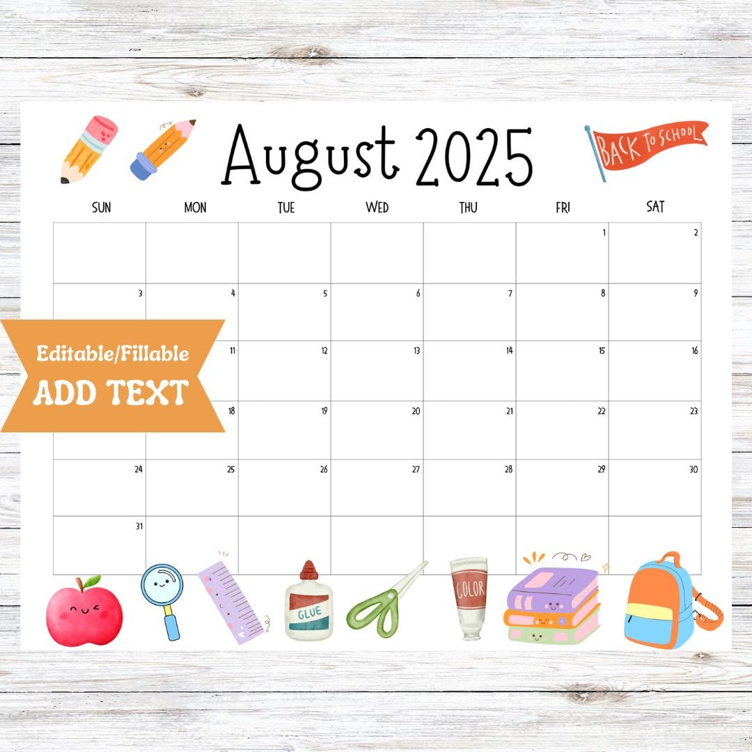 Editable August 2025 Calendar, Fillable Printable Digital Download ...