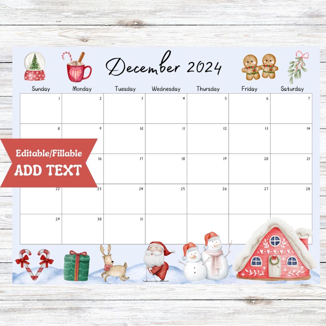 Editable December 2024 Calendar, Christmas Countdown, Fillable ...