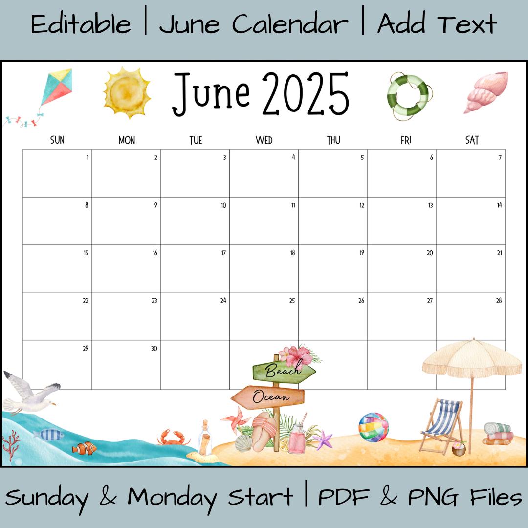 Editable June 2025 Calendar, Fillable Printable Wall Calendar, Digital ...