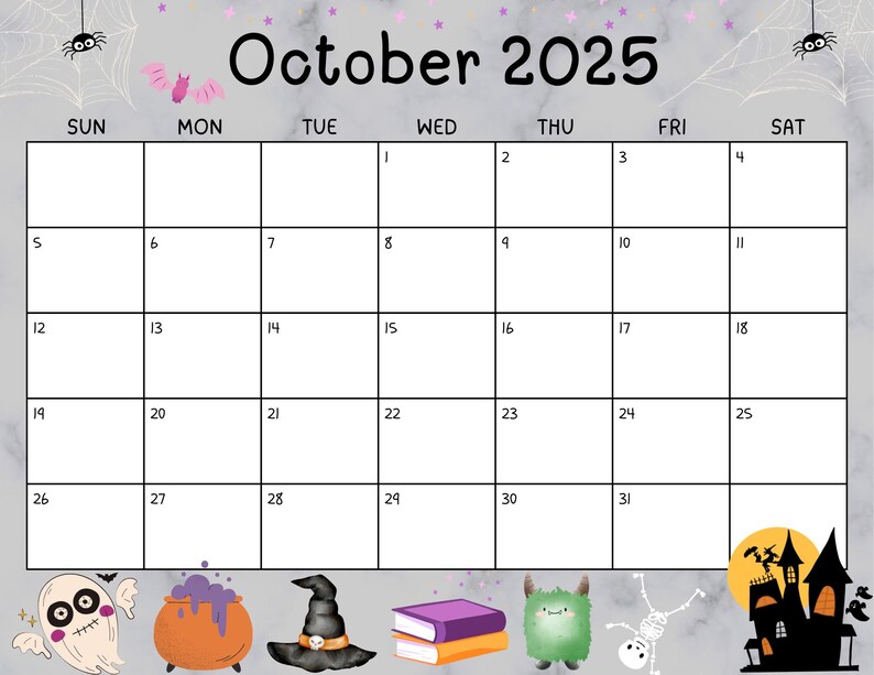 Editable October 2025 Calendar, Spooky Halloween Digital Download ...