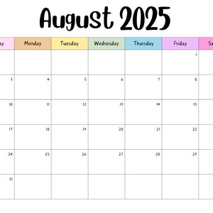 Editable August 2025 Calendar Printable Activity Planner, Rainbow ...