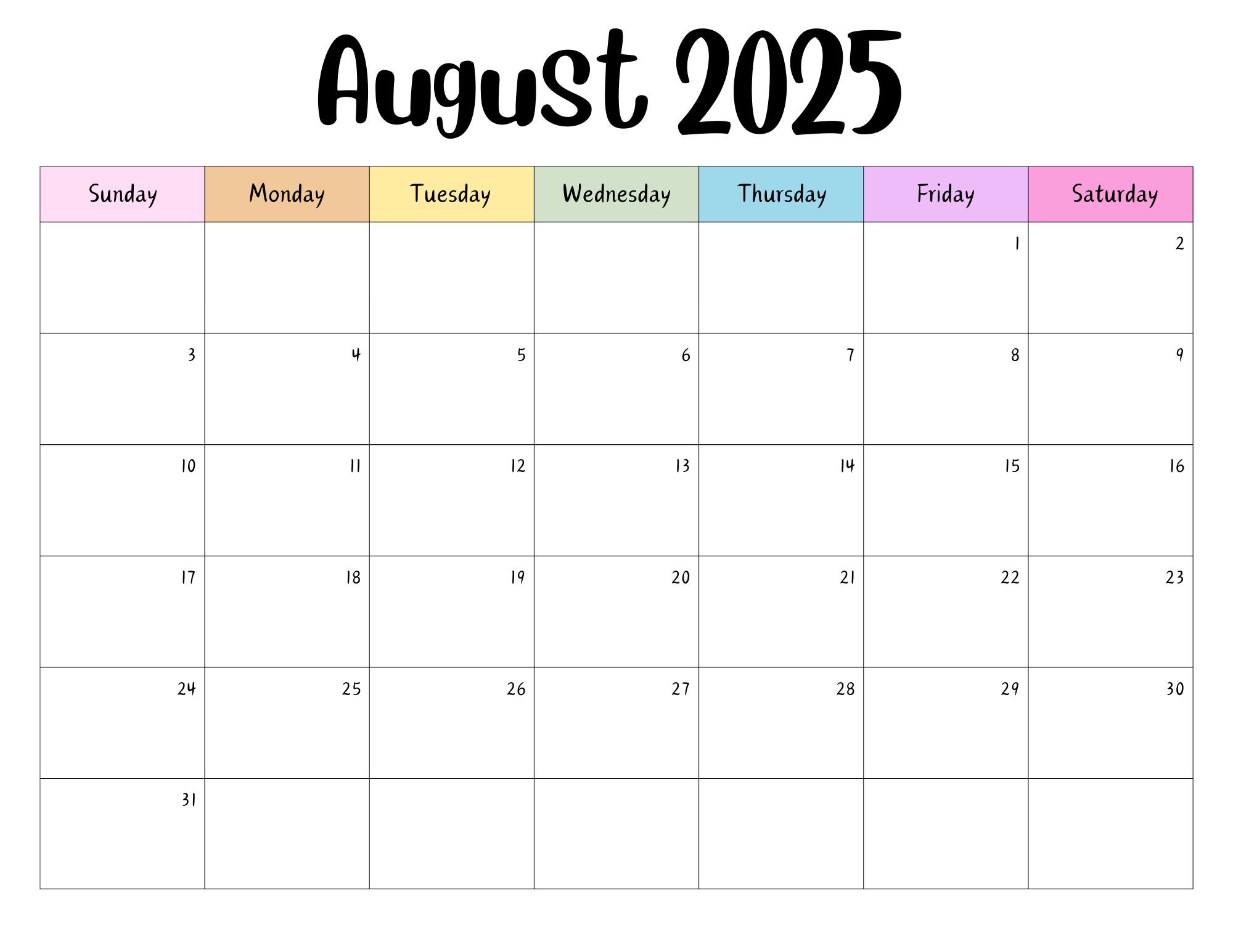 Editable August 2025 Calendar Printable Activity Planner, Rainbow ...