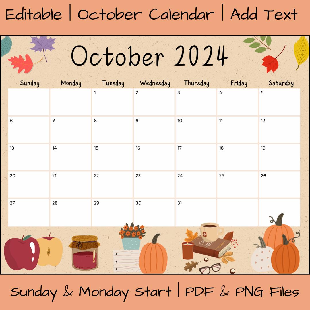Editable October 2024 Calendar, Fall Autumn 2024 Digital Download ...