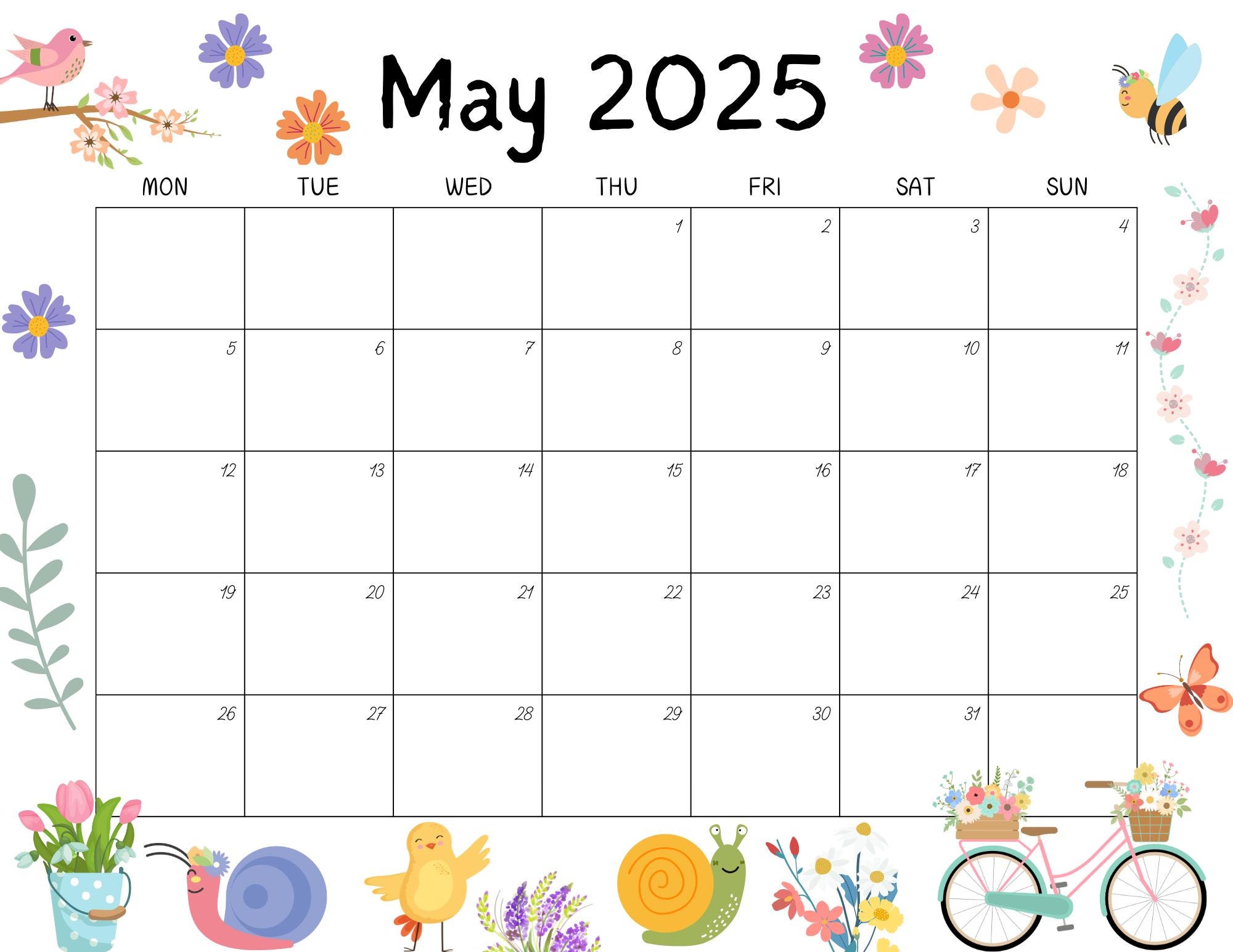 Editable May 2025 Calendar Printable Activity Planner, Cute Spring ...