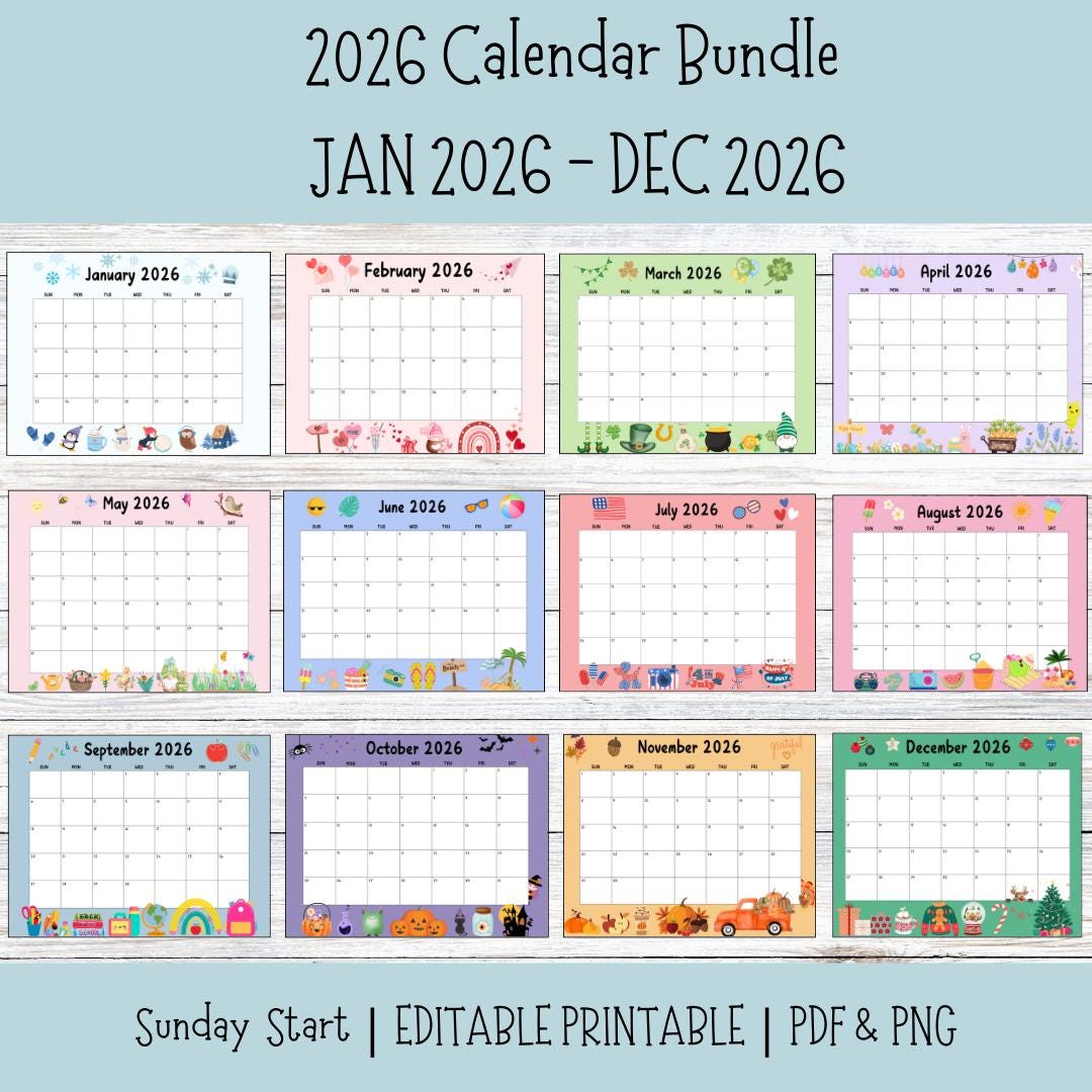 Editable 2026 Yearly Calendar Bundle, Printable Fillable Calendar Whole ...