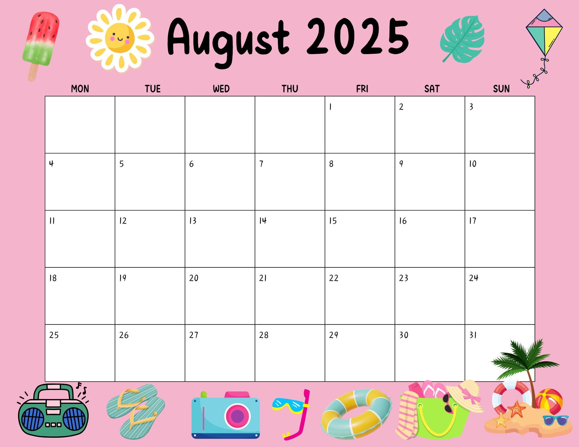 Editable August 2025 Calendar, Printable Fillable Digital Download ...