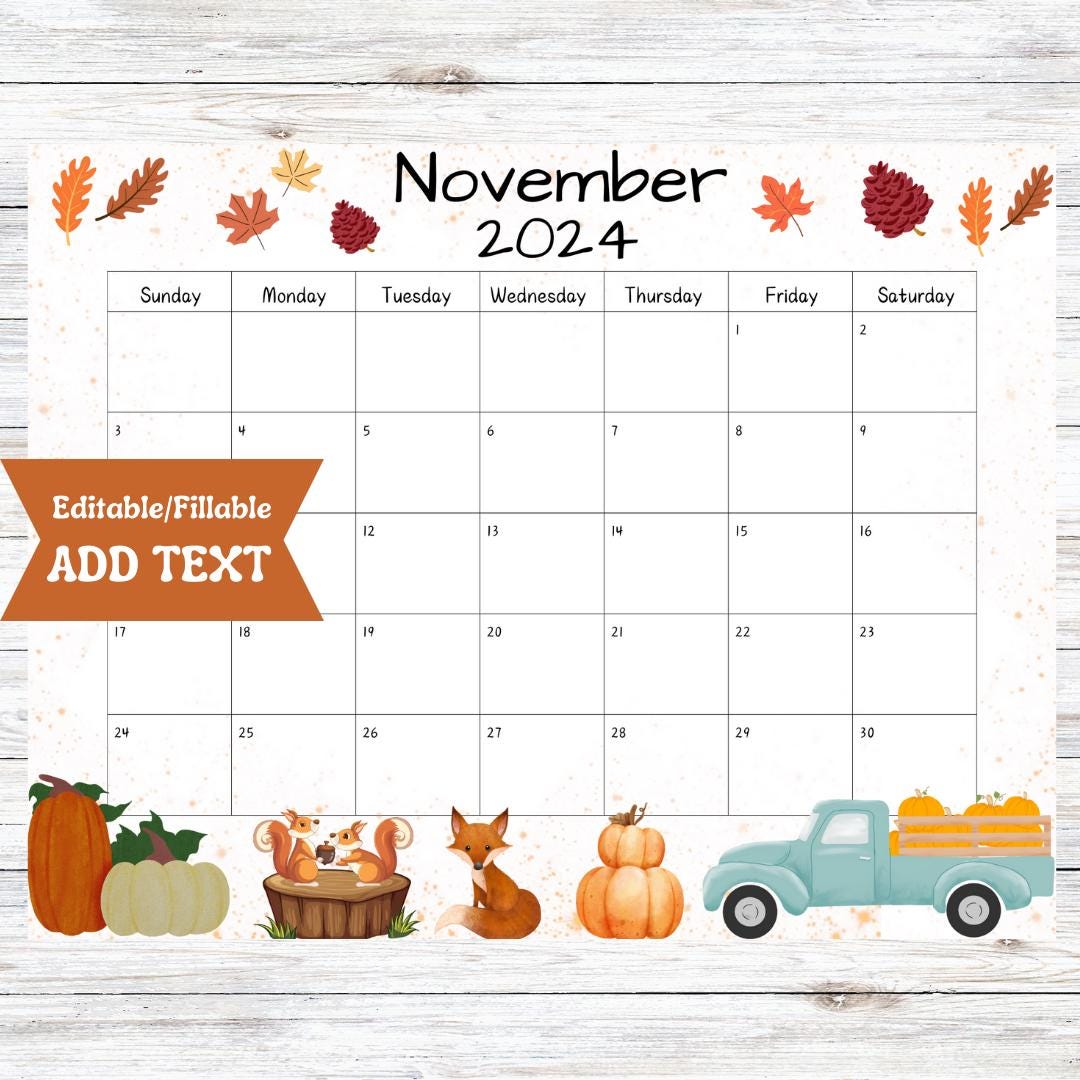 Editable November 2024 Calendar, Fillable Printable Digital Download ...