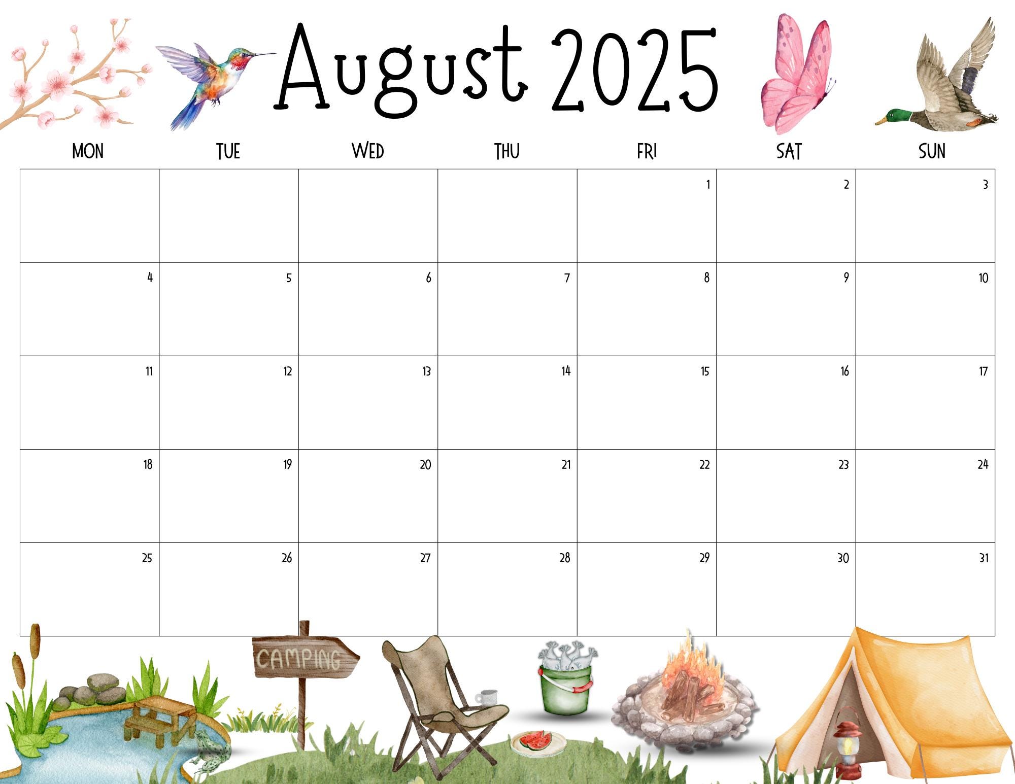 Editable August 2025 Calendar, Printable Fillable Digital Download ...