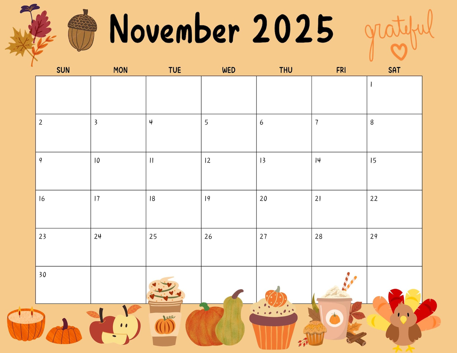 Editable November 2025 Calendar, Printable Fillable Digital Download ...