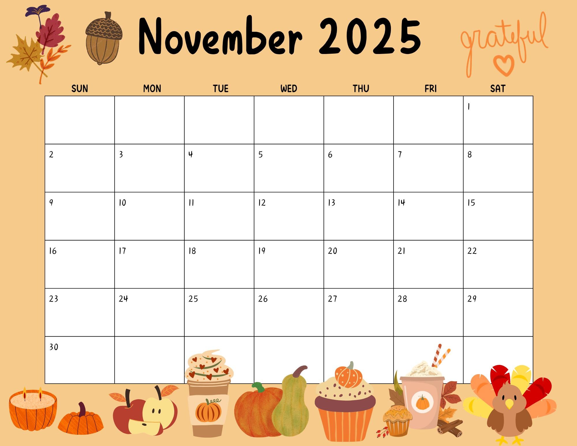 Editable November 2025 Calendar, Printable Fillable Digital Download ...