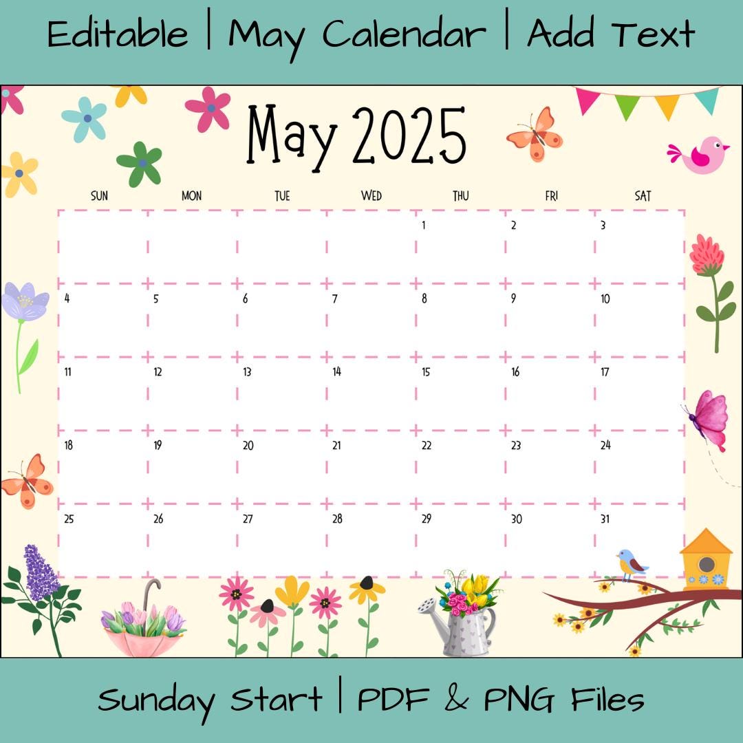 Editable May 2025 Calendar, Printable Wall Calendar, Digital Download ...