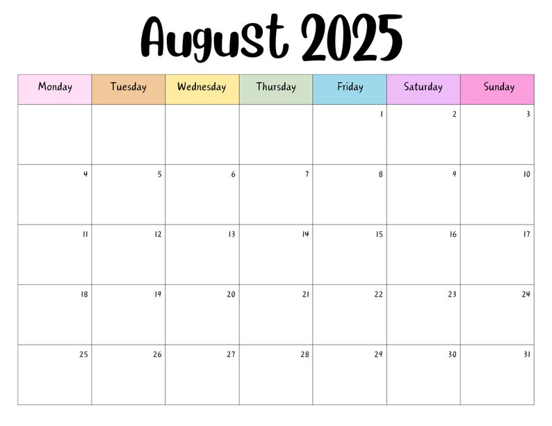 Editable August 2025 Calendar Printable Activity Planner, Rainbow ...
