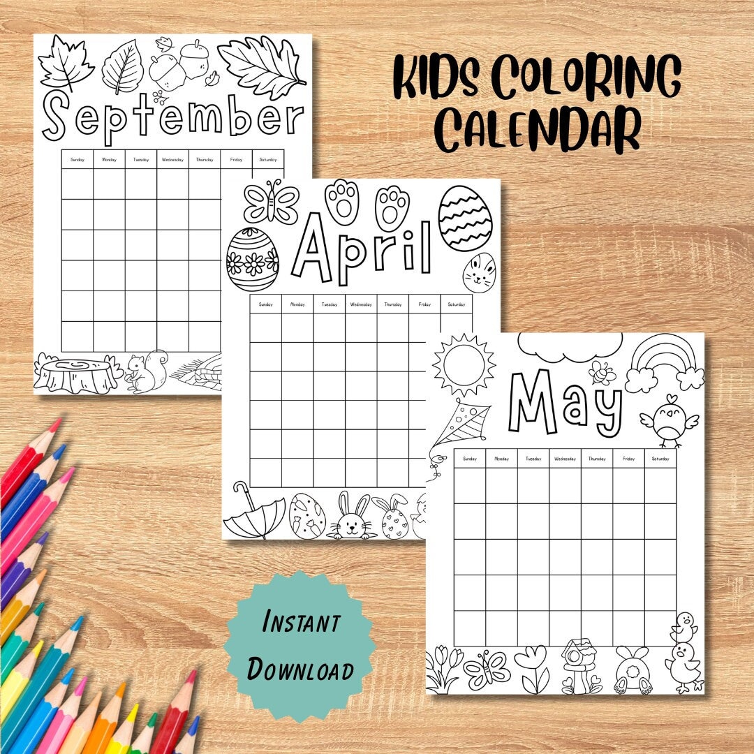 Printable Kids Coloring Calendar, Undated 12 Monthly Calendar ...