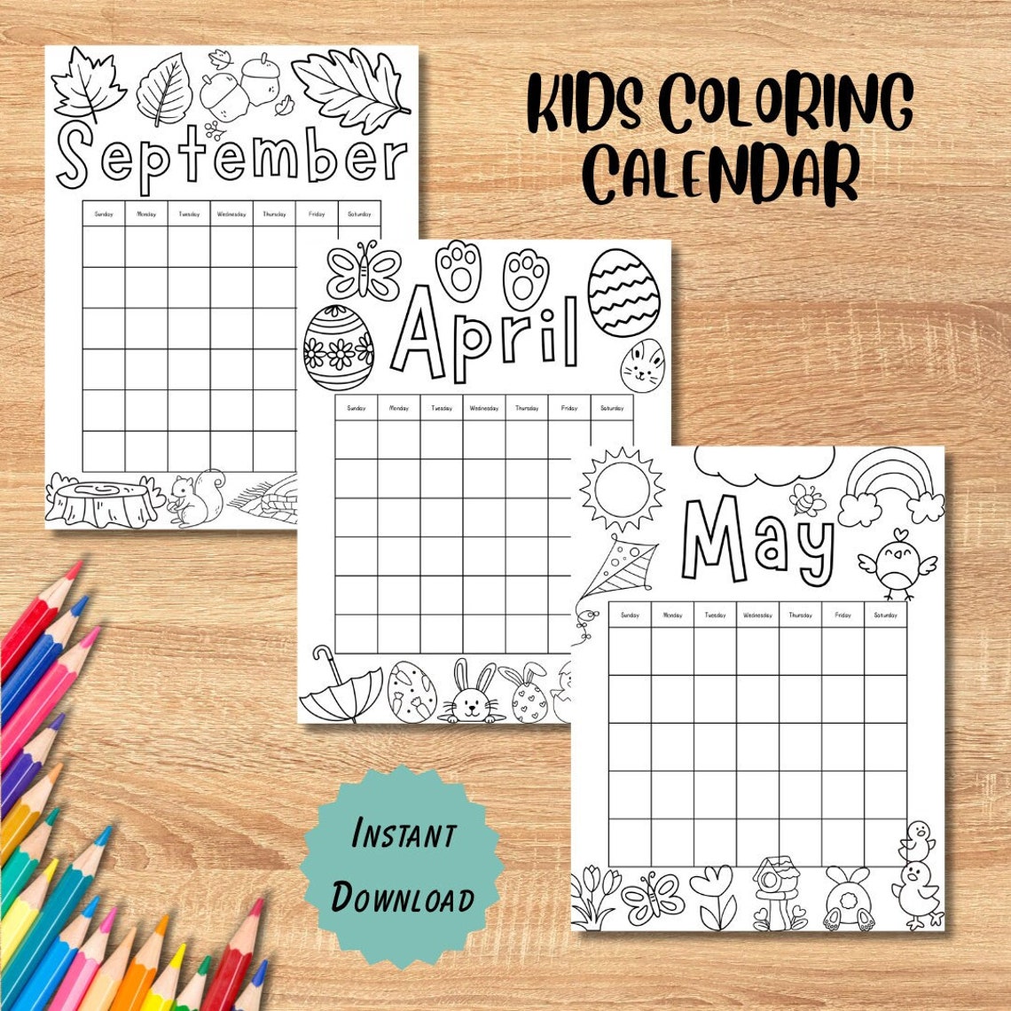 Printable Kids Coloring Calendar, Undated 12 Monthly Calendar ...