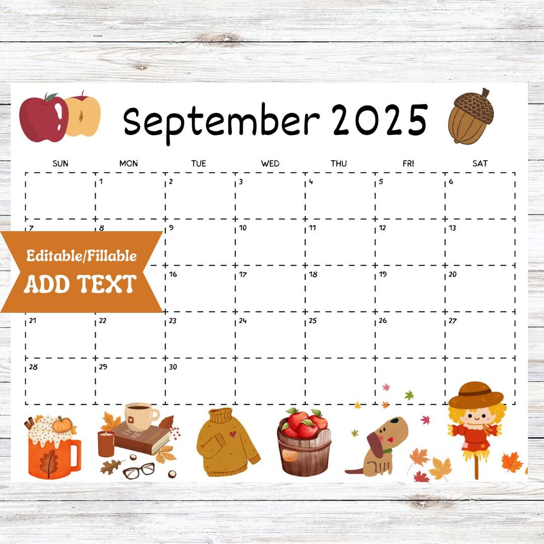 Editable September 2025 Calendar, Printable Fillable Digital Download ...