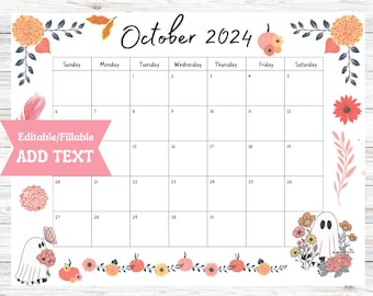 Editable October 2024 Calendar, Printable Fillable Digital Download ...