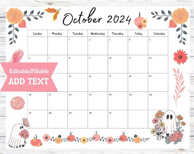 Editable October 2024 Calendar, Fall Autumn 2024 Digital Download ...