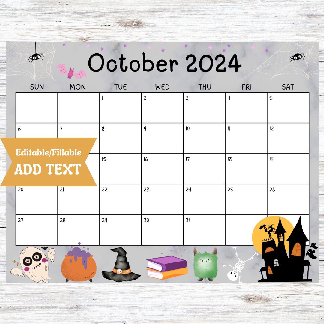 Editable October 2024 Calendar, Spooky Halloween Digital Download ...