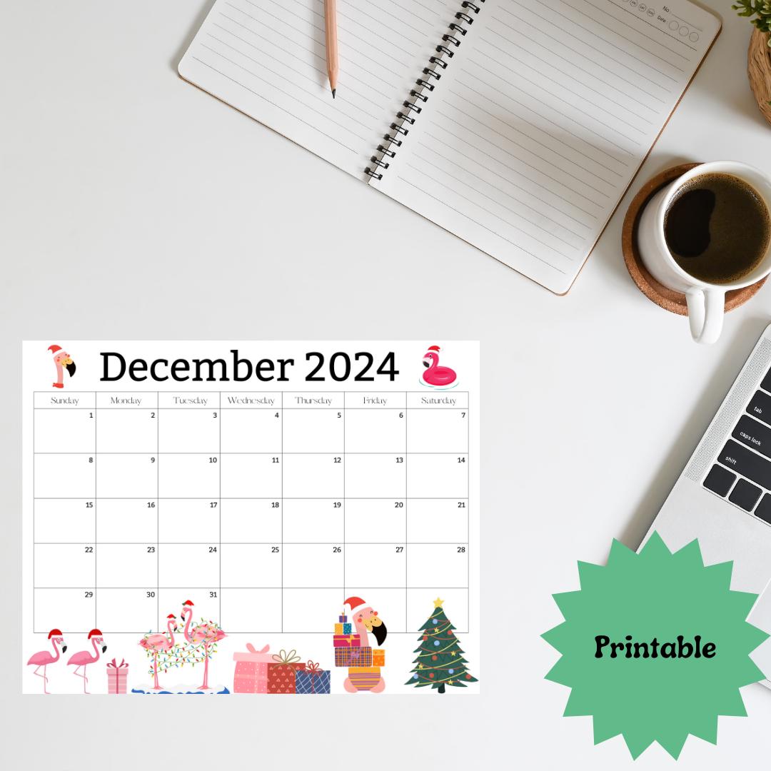 Editable December 2024 Calendar, Activity Planner, Christmas Flamingos ...