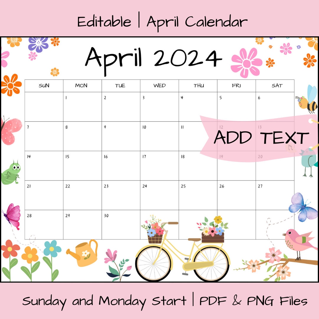 EDITABLE April 2024 Calendar PDF Template, 2024 Calendar, Printable ...