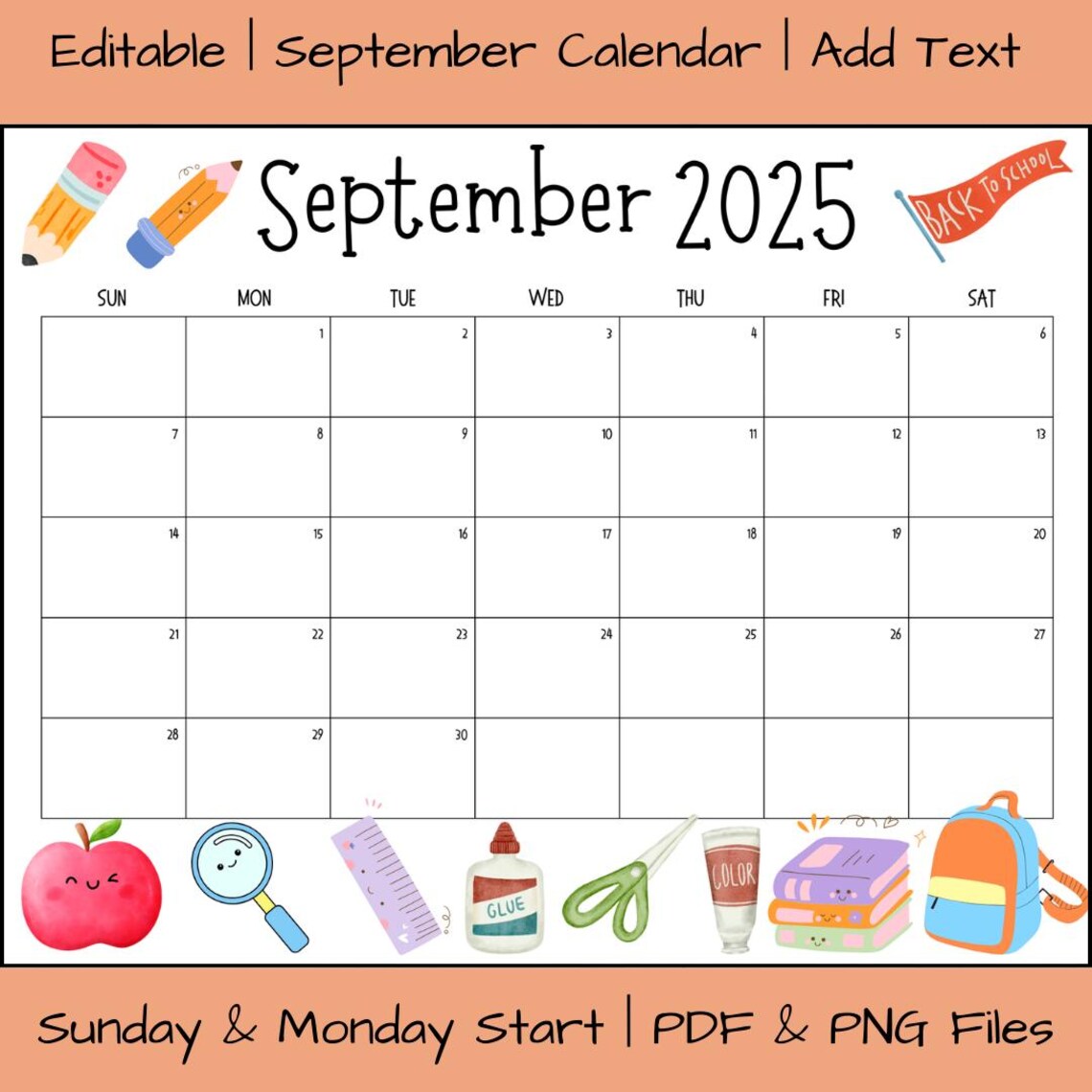 Editable September 2025 Calendar, Fillable Printable Digital Download ...