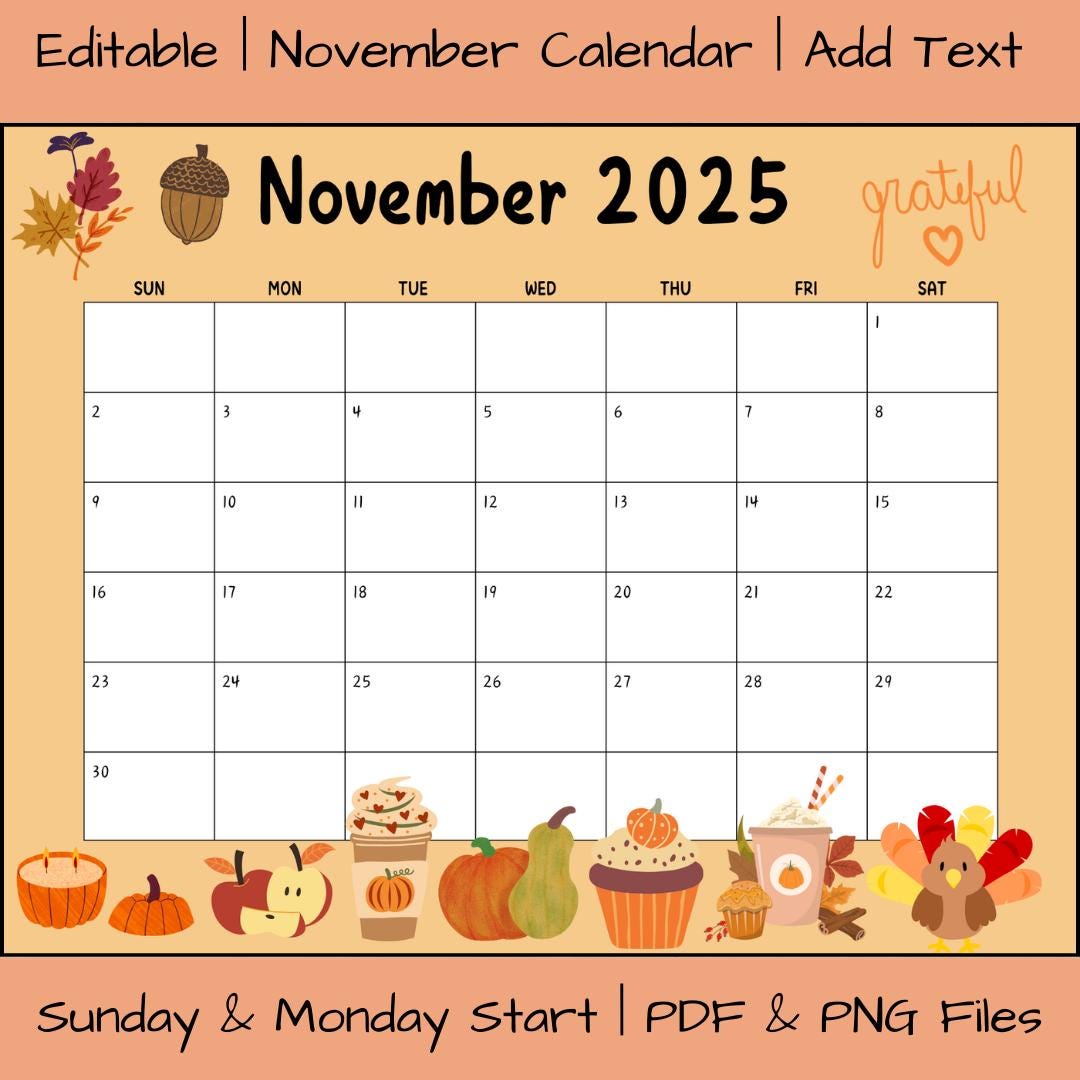 Editable November 2025 Calendar, Printable Fillable Digital Download ...