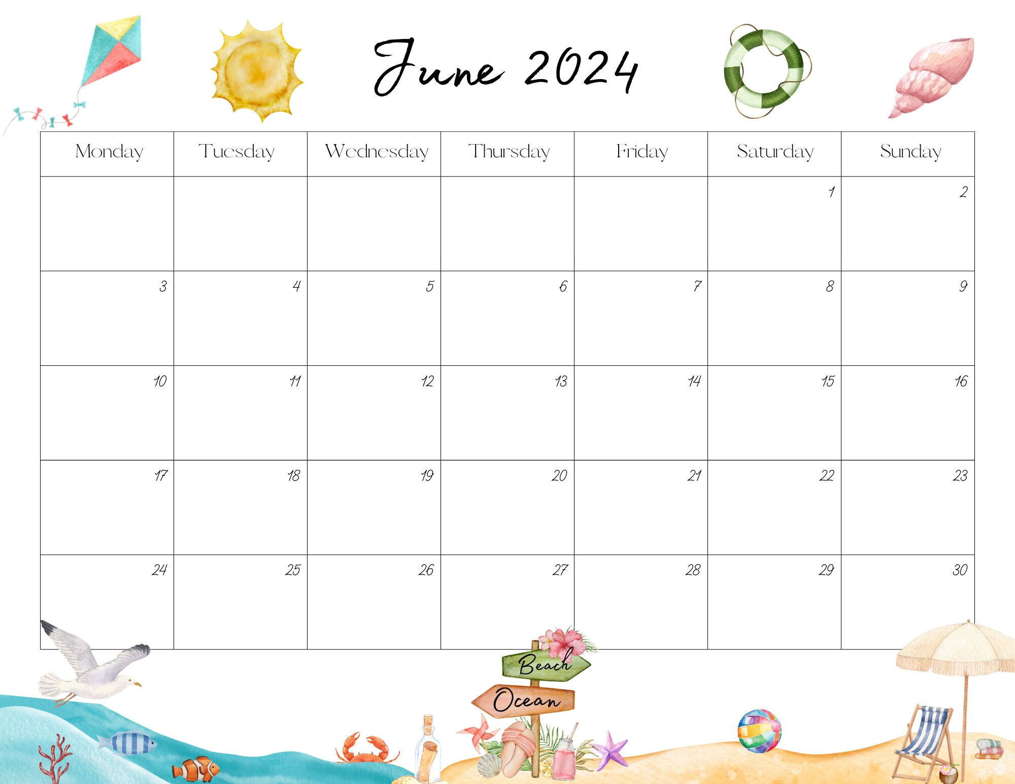 Editable June 2024 Calendar, Printable Wall Calendar, Digital Download ...