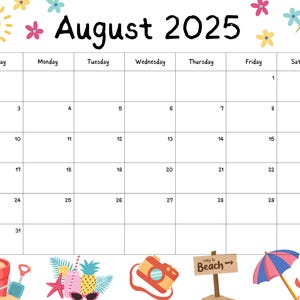 Editable August 2025 Calendar, Printable Fillable Digital Download ...
