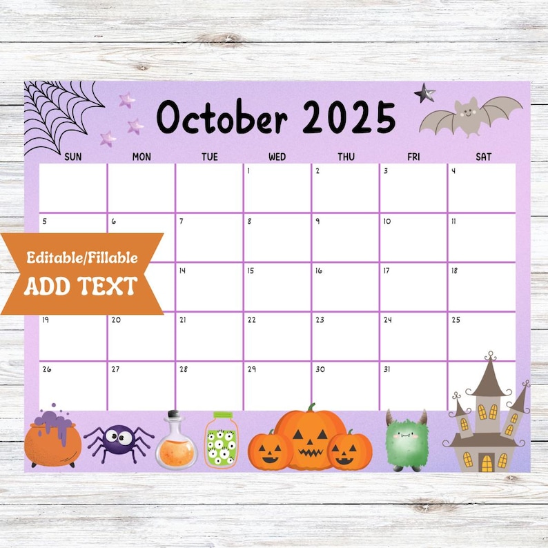Editable October 2025 Calendar, Fillable Halloween Digital Download ...