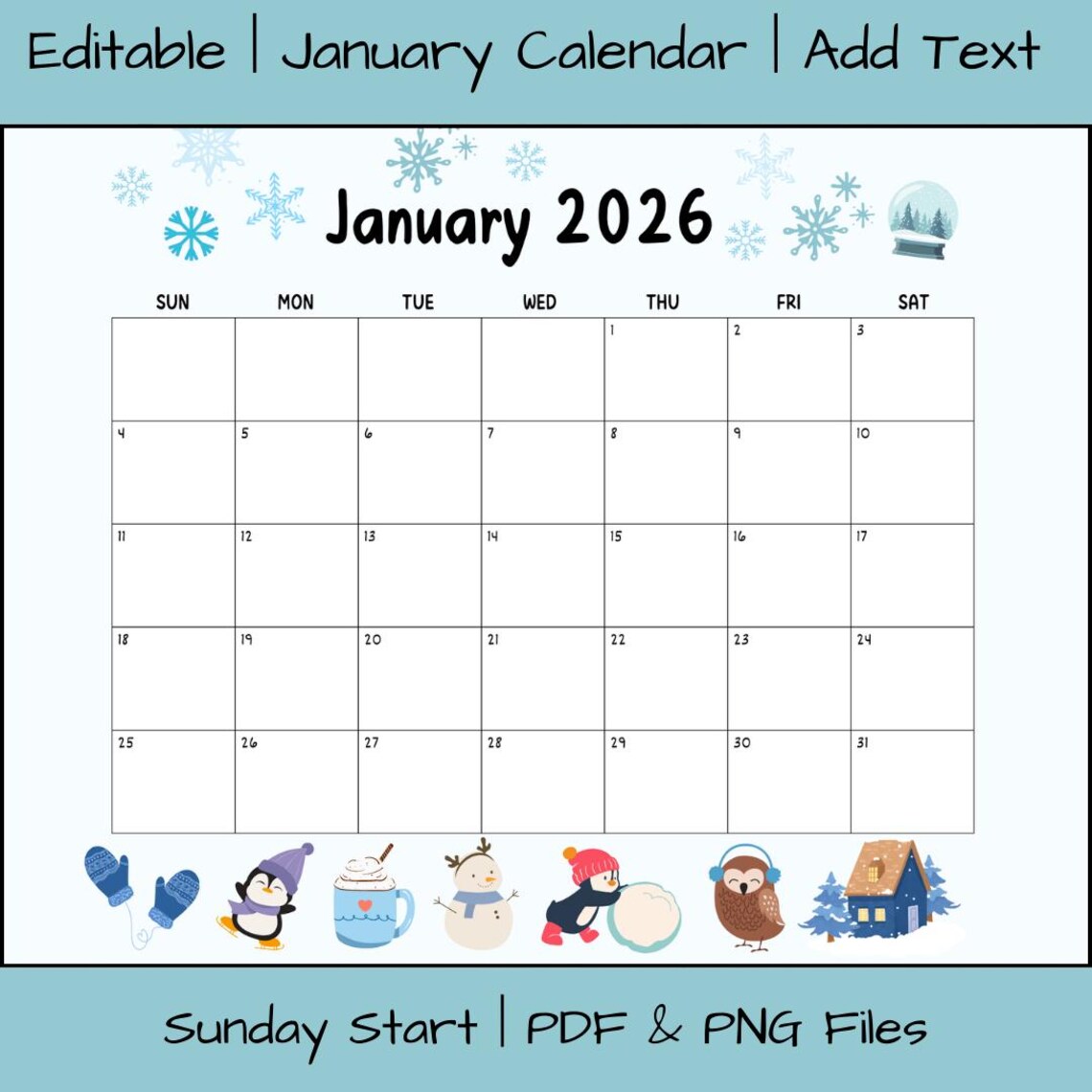 Editable January 2026 Calendar PDF Template, Winter 2026 Digital ...