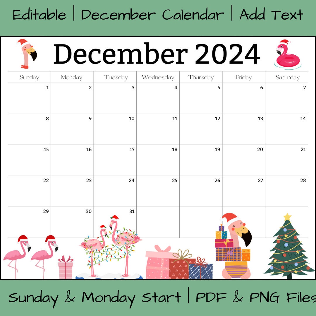 Editable December 2024 Calendar, Activity Planner, Christmas Flamingos ...