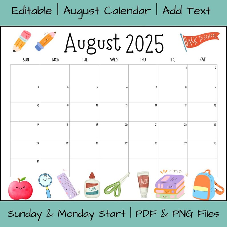 Editable August 2025 Calendar, Fillable Printable Digital Download ...