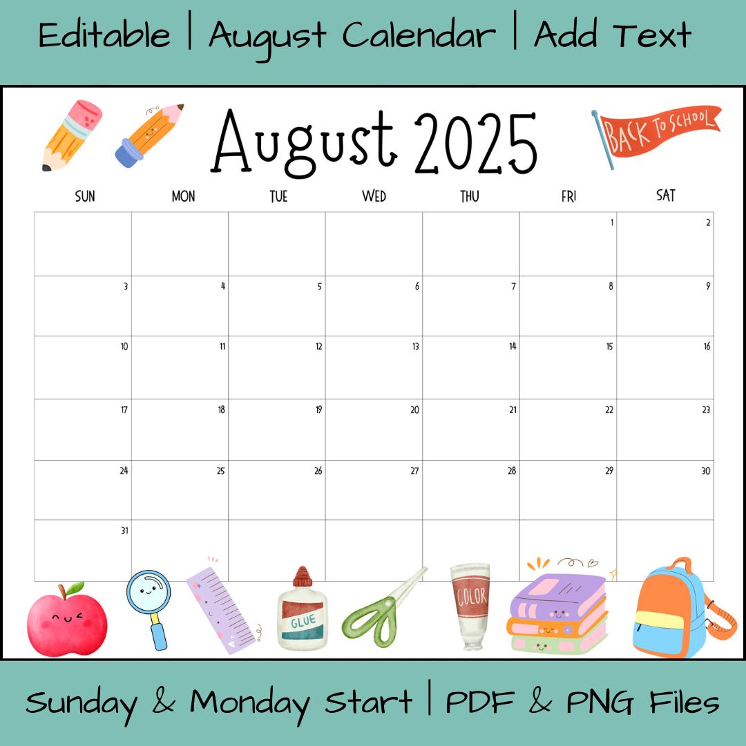 Editable August 2025 Calendar, Fillable Printable Digital Download ...