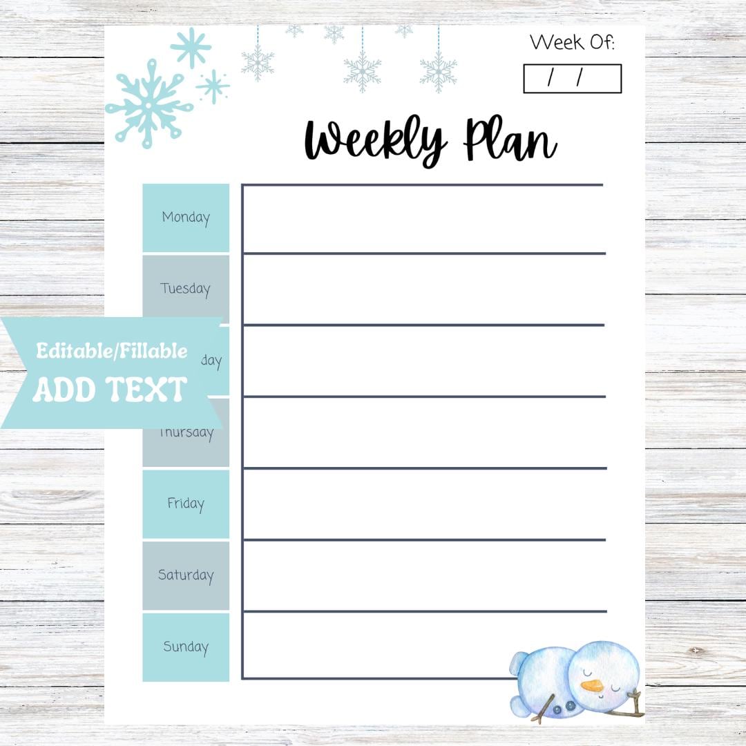 Weekly Planner Editable, Winter Printable Calendar, Instant Download ...