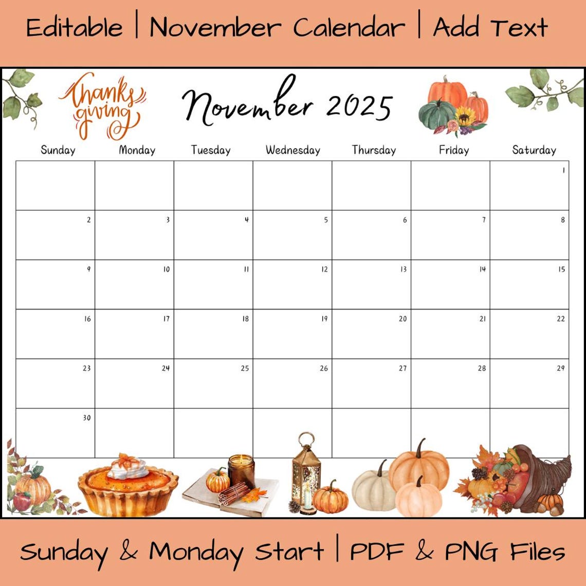 Editable November 2025 Calendar, Printable Fillable Digital Download ...