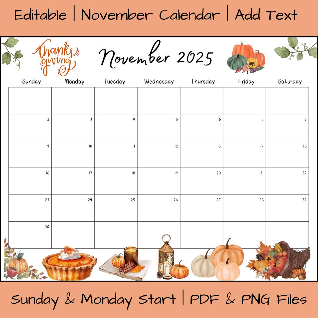 Editable November 2025 Calendar, Printable Fillable Digital Download ...