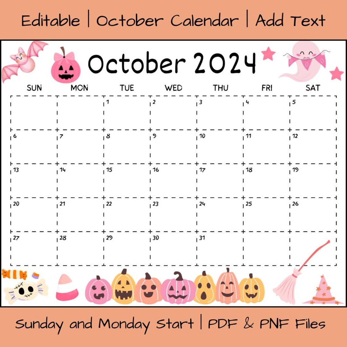 Editable October 2024 Calendar, Halloween 2024 Cute Pumpkin, October ...